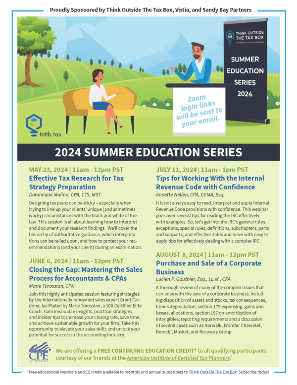 2024 Summer Education Series Event Calendar - Think Outside the Tax Box